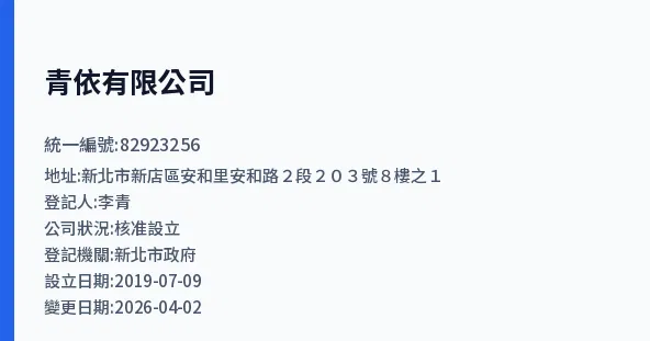 青依有限公司的照片-統編 82923256(新北市) 公司登記資料與營業項目詳細圖表