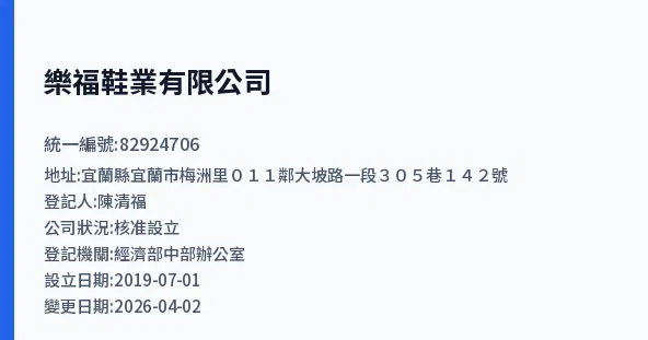 樂福鞋業有限公司的照片-統編 82924706(宜蘭縣) 公司登記資料與營業項目詳細圖表