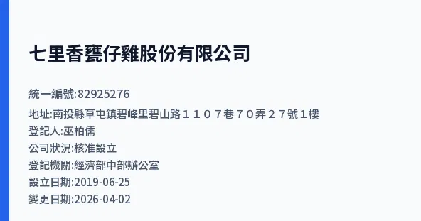 七里香甕仔雞股份有限公司的照片-統編 82925276(南投縣) 公司登記資料與營業項目詳細圖表
