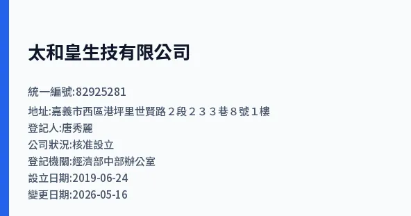 太和皇生技有限公司的照片-統編 82925281(嘉義市) 公司登記資料與營業項目詳細圖表