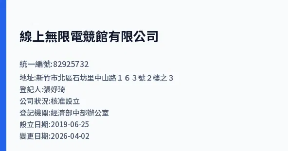 線上無限電競館有限公司的照片-統編 82925732(新竹市) 公司登記資料與營業項目詳細圖表