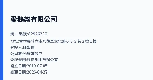 愛鵝樂有限公司的照片-統編 82926280(雲林縣) 公司登記資料與營業項目詳細圖表