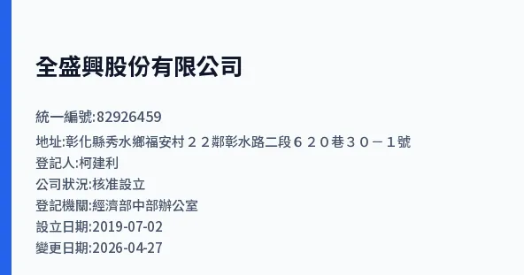 全盛興股份有限公司的照片-統編 82926459(彰化縣) 公司登記資料與營業項目詳細圖表