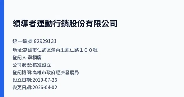 領導者運動行銷股份有限公司的照片-統編 82929131(高雄市) 公司登記資料與營業項目詳細圖表