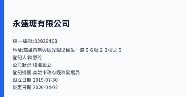 永盛瑭有限公司的照片-統編 82929408(高雄市) 公司登記資料與營業項目詳細圖表
