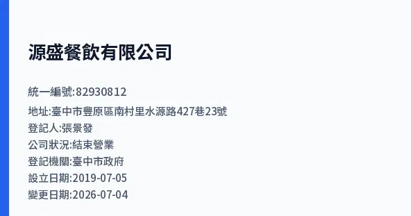 源盛餐飲有限公司的照片-統編 82930812(臺中市) 公司登記資料與營業項目詳細圖表
