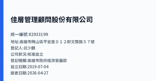 佳層管理顧問股份有限公司的照片-統編 82933199(高雄市) 公司登記資料與營業項目詳細圖表