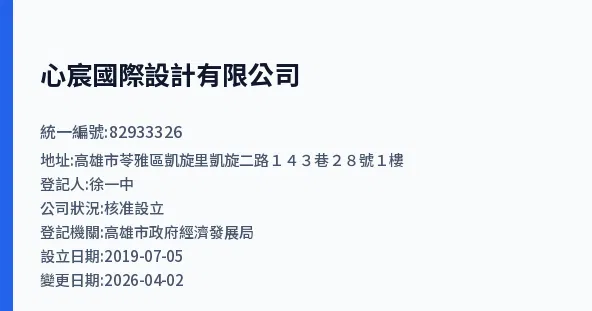 心宸國際設計有限公司的照片-統編 82933326(高雄市) 公司登記資料與營業項目詳細圖表