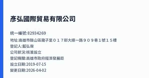 彥弘國際貿易有限公司的照片-統編 82934269(高雄市) 公司登記資料與營業項目詳細圖表