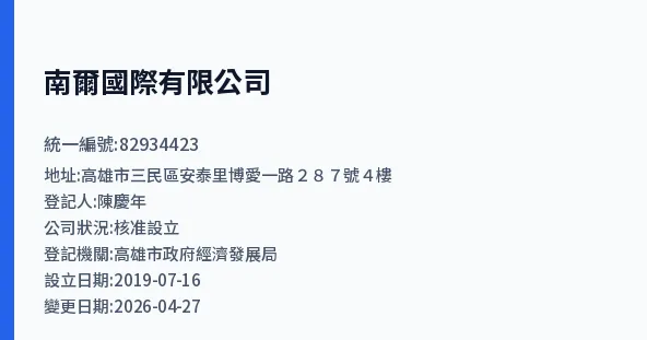 南爾國際有限公司的照片-統編 82934423(高雄市) 公司登記資料與營業項目詳細圖表