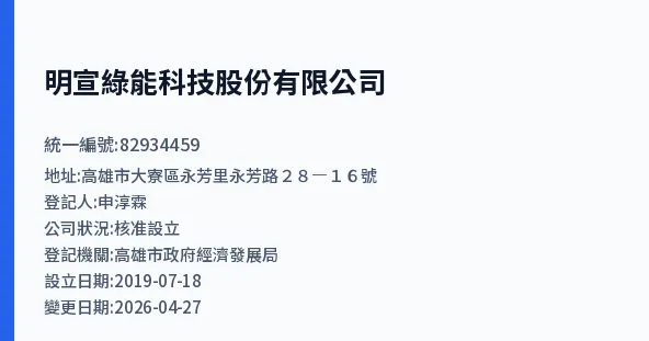 明宣綠能科技股份有限公司的照片-統編 82934459(高雄市) 公司登記資料與營業項目詳細圖表