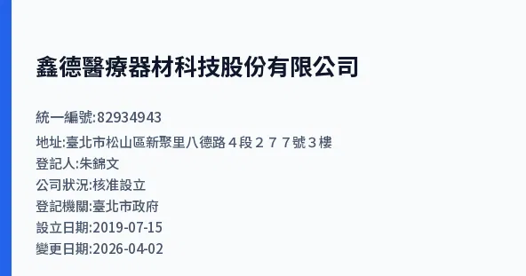 鑫德醫療器材科技股份有限公司的照片-統編 82934943(臺北市) 公司登記資料與營業項目詳細圖表