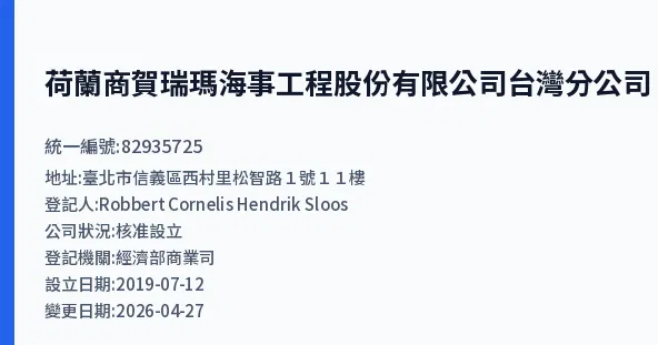 荷蘭商賀瑞瑪海事工程股份有限公司台灣分公司的照片-統編 82935725(臺北市) 公司登記資料與營業項目詳細圖表