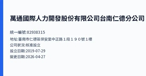 萬通國際人力開發股份有限公司台南仁德分公司的照片-統編 82938315(臺南市) 公司登記資料與營業項目詳細圖表