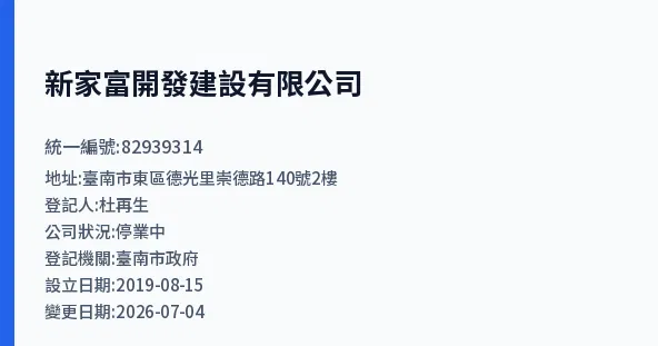 新家富開發建設有限公司的照片-統編 82939314(臺南市) 公司登記資料與營業項目詳細圖表