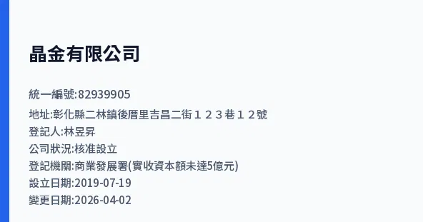 晶金有限公司的照片-統編 82939905(彰化縣) 公司登記資料與營業項目詳細圖表