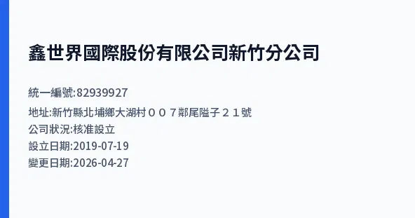 鑫世界國際股份有限公司新竹分公司的照片-統編 82939927(新竹縣) 公司登記資料與營業項目詳細圖表