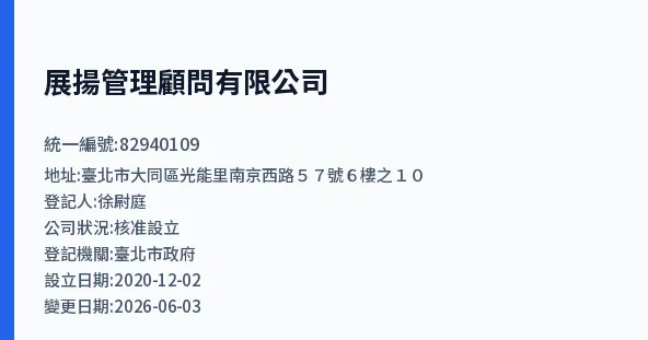 展揚管理顧問有限公司的照片-統編 82940109(臺北市) 公司登記資料與營業項目詳細圖表