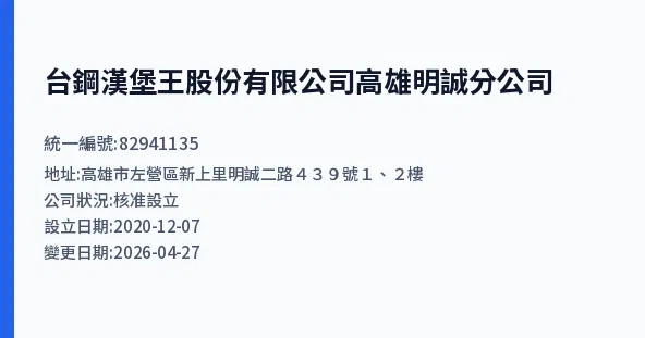 台鋼漢堡王股份有限公司高雄明誠分公司的照片-統編 82941135(高雄市) 公司登記資料與營業項目詳細圖表