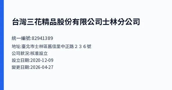 台灣三花精品股份有限公司士林分公司的照片-統編 82941389(臺北市) 公司登記資料與營業項目詳細圖表