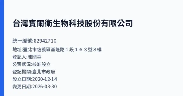 台灣寶爾衛生物科技股份有限公司的照片-統編 82942710(臺北市) 公司登記資料與營業項目詳細圖表