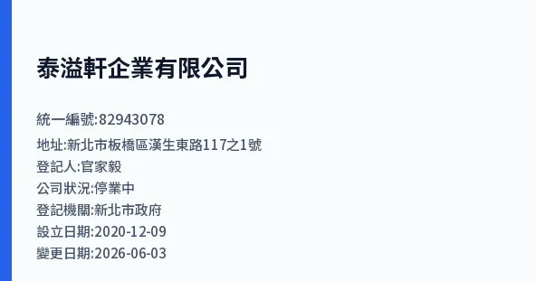 泰溢軒企業有限公司的照片-統編 82943078(新北市) 公司登記資料與營業項目詳細圖表