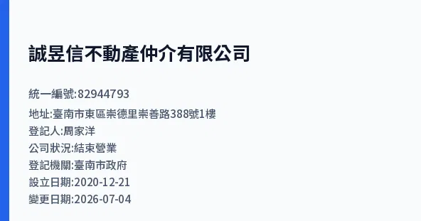 誠昱信不動產仲介有限公司的照片-統編 82944793(臺南市) 公司登記資料與營業項目詳細圖表