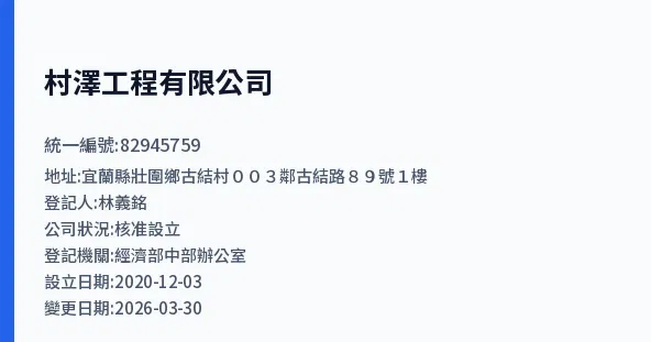 村澤工程有限公司的照片-統編 82945759(宜蘭縣) 公司登記資料與營業項目詳細圖表
