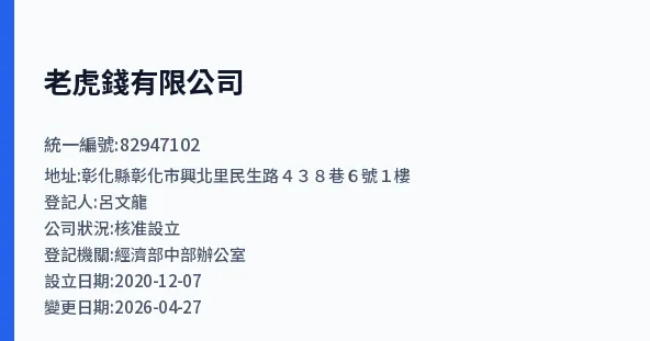 老虎錢有限公司的照片-統編 82947102(彰化縣) 公司登記資料與營業項目詳細圖表