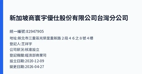 新加坡商寰宇優仕股份有限公司台灣分公司的照片-統編 82947905(新北市) 公司登記資料與營業項目詳細圖表