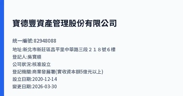 寶德豐資產管理股份有限公司的照片-統編 82948088(新北市) 公司登記資料與營業項目詳細圖表