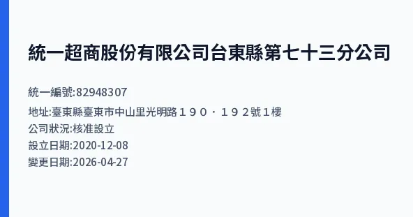 統一超商股份有限公司台東縣第七十三分公司的照片-統編 82948307(臺東縣) 公司登記資料與營業項目詳細圖表