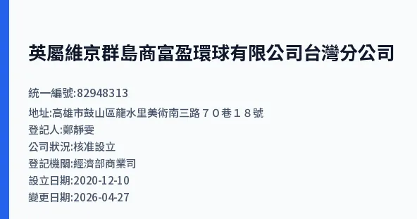 英屬維京群島商富盈環球有限公司台灣分公司的照片-統編 82948313(高雄市) 公司登記資料與營業項目詳細圖表