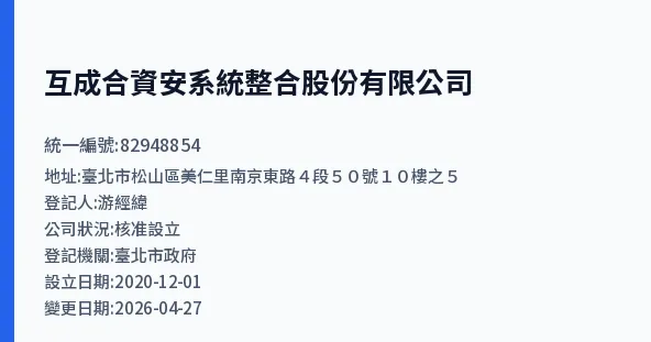 互成合資安系統整合股份有限公司的照片-統編 82948854(臺北市) 公司登記資料與營業項目詳細圖表