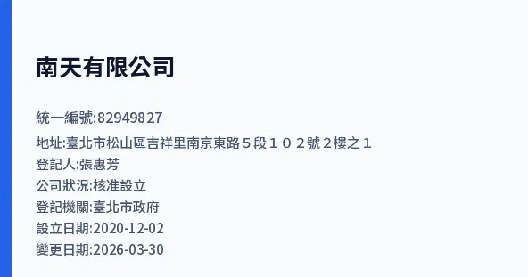 南天有限公司的照片-統編 82949827(臺北市) 公司登記資料與營業項目詳細圖表