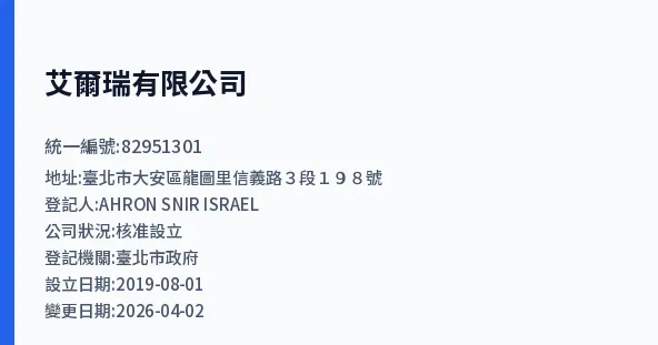 艾爾瑞有限公司的照片-統編 82951301(臺北市) 公司登記資料與營業項目詳細圖表
