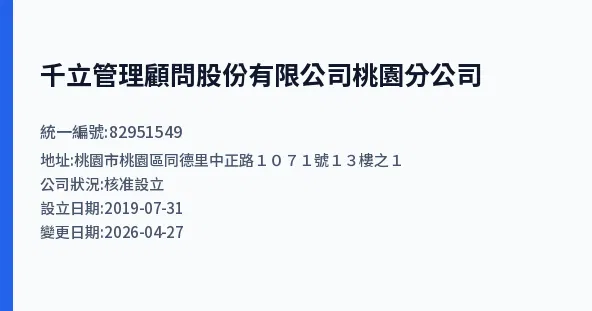 千立管理顧問股份有限公司桃園分公司的照片-統編 82951549(桃園市) 公司登記資料與營業項目詳細圖表