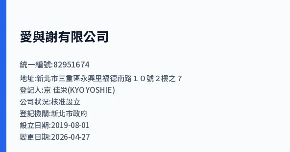 愛與謝有限公司的照片-統編 82951674(新北市) 公司登記資料與營業項目詳細圖表