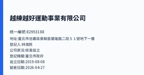 越練越好運動事業有限公司的照片-統編 82953188(臺北市) 公司登記資料與營業項目詳細圖表