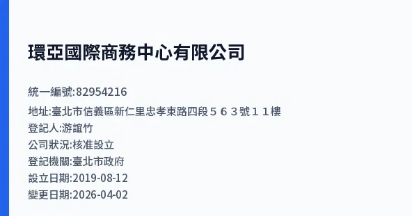 環亞國際商務中心有限公司的照片-統編 82954216(臺北市) 公司登記資料與營業項目詳細圖表