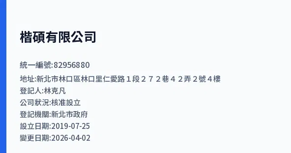 楷碩有限公司的照片-統編 82956880(新北市) 公司登記資料與營業項目詳細圖表