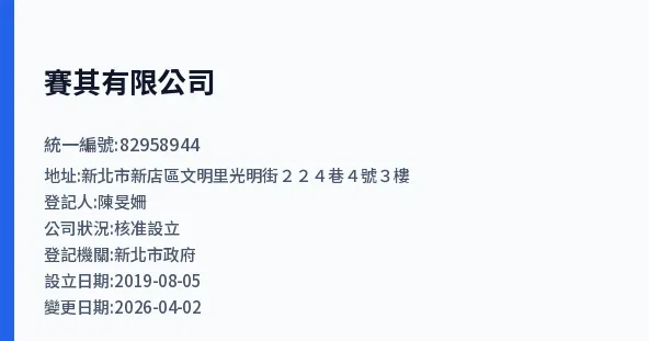 賽其有限公司的照片-統編 82958944(新北市) 公司登記資料與營業項目詳細圖表