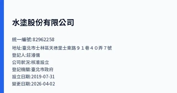 水塗股份有限公司的照片-統編 82962258(臺北市) 公司登記資料與營業項目詳細圖表