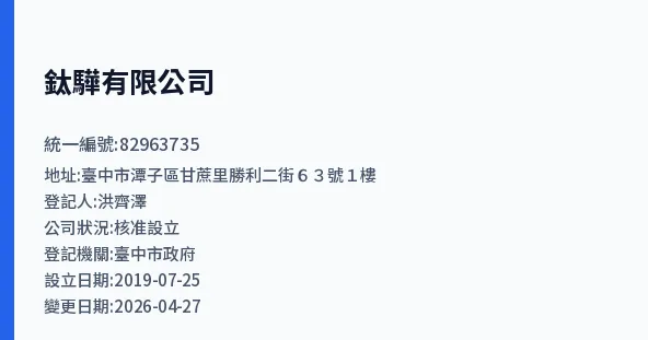 鈦驊有限公司的照片-統編 82963735(臺中市) 公司登記資料與營業項目詳細圖表