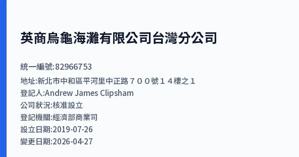英商烏龜海灘有限公司台灣分公司的照片-統編 82966753(新北市) 公司登記資料與營業項目詳細圖表
