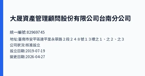大晟資產管理顧問股份有限公司台南分公司的照片-統編 82969745(臺南市) 公司登記資料與營業項目詳細圖表