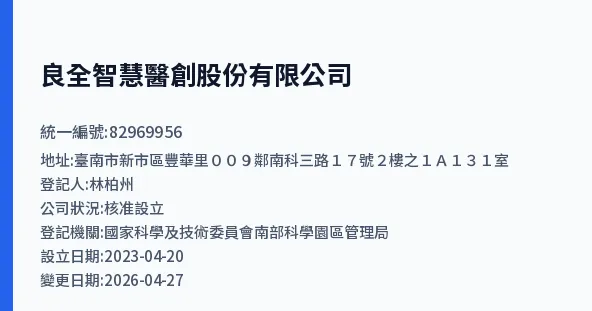良全智慧醫創股份有限公司的照片-統編 82969956(臺南市) 公司登記資料與營業項目詳細圖表