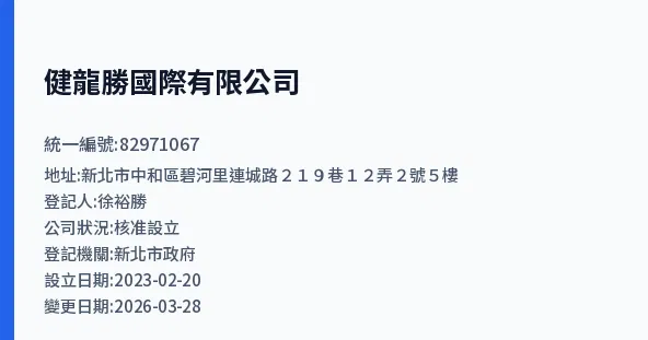 健龍勝國際有限公司的照片-統編 82971067(新北市) 公司登記資料與營業項目詳細圖表