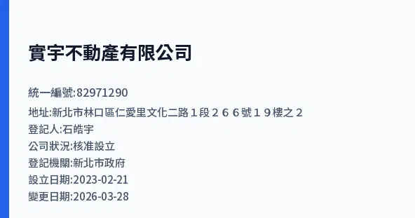 實宇不動產有限公司的照片-統編 82971290(新北市) 公司登記資料與營業項目詳細圖表