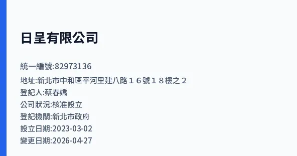 日呈有限公司的照片-統編 82973136(新北市) 公司登記資料與營業項目詳細圖表